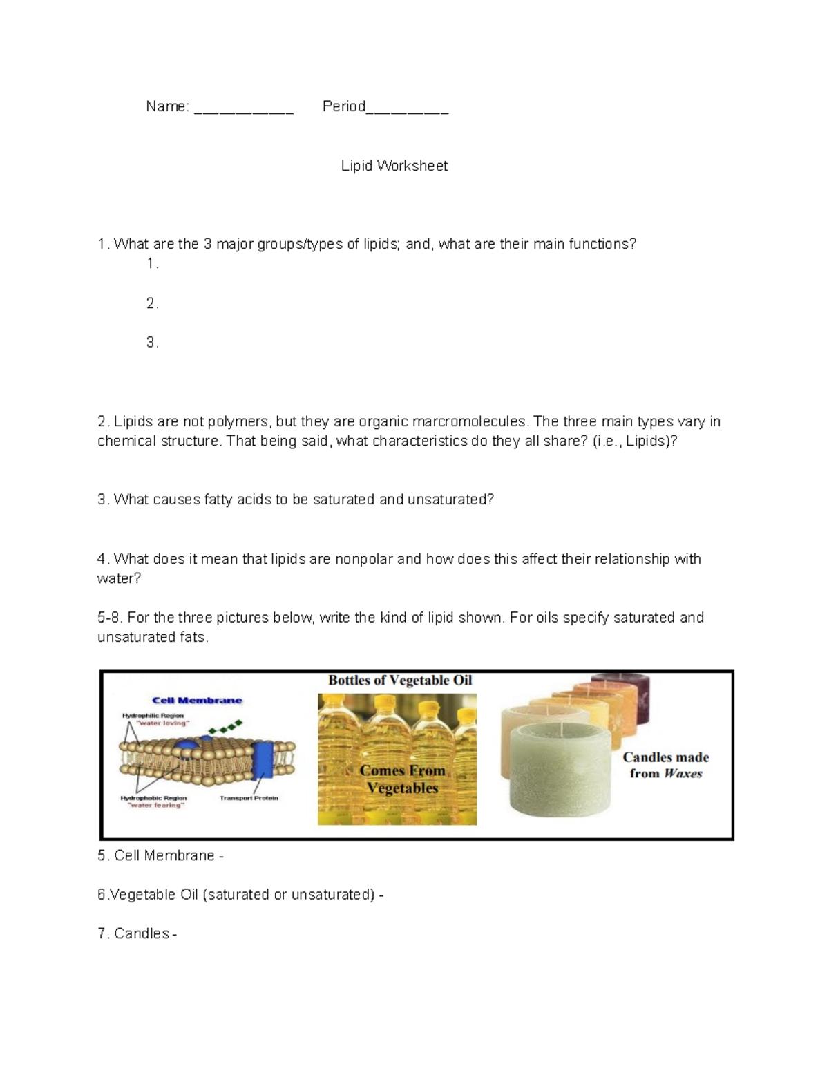 Lipid Worksheet: Exploring Types, Functions, and Characteristics - Studocu