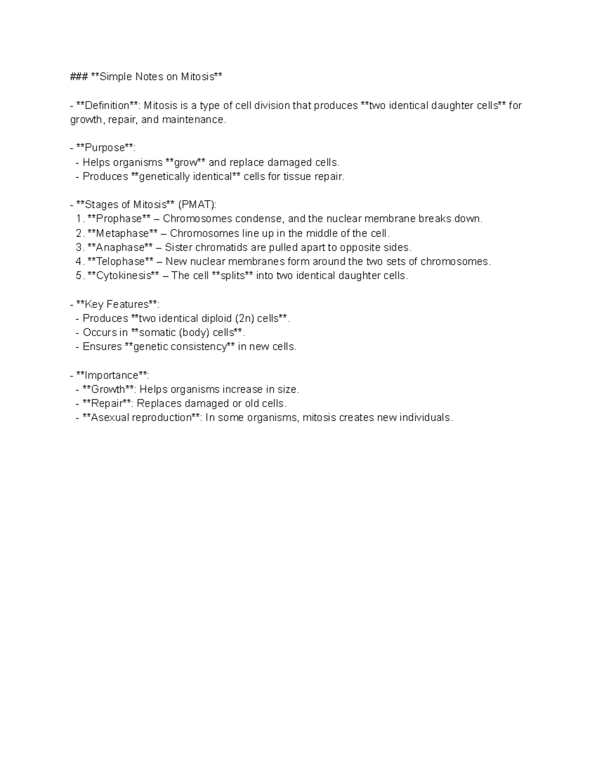 Meitosis notes - Simple Notes on Mitosis Definition: Mitosis is a type ...