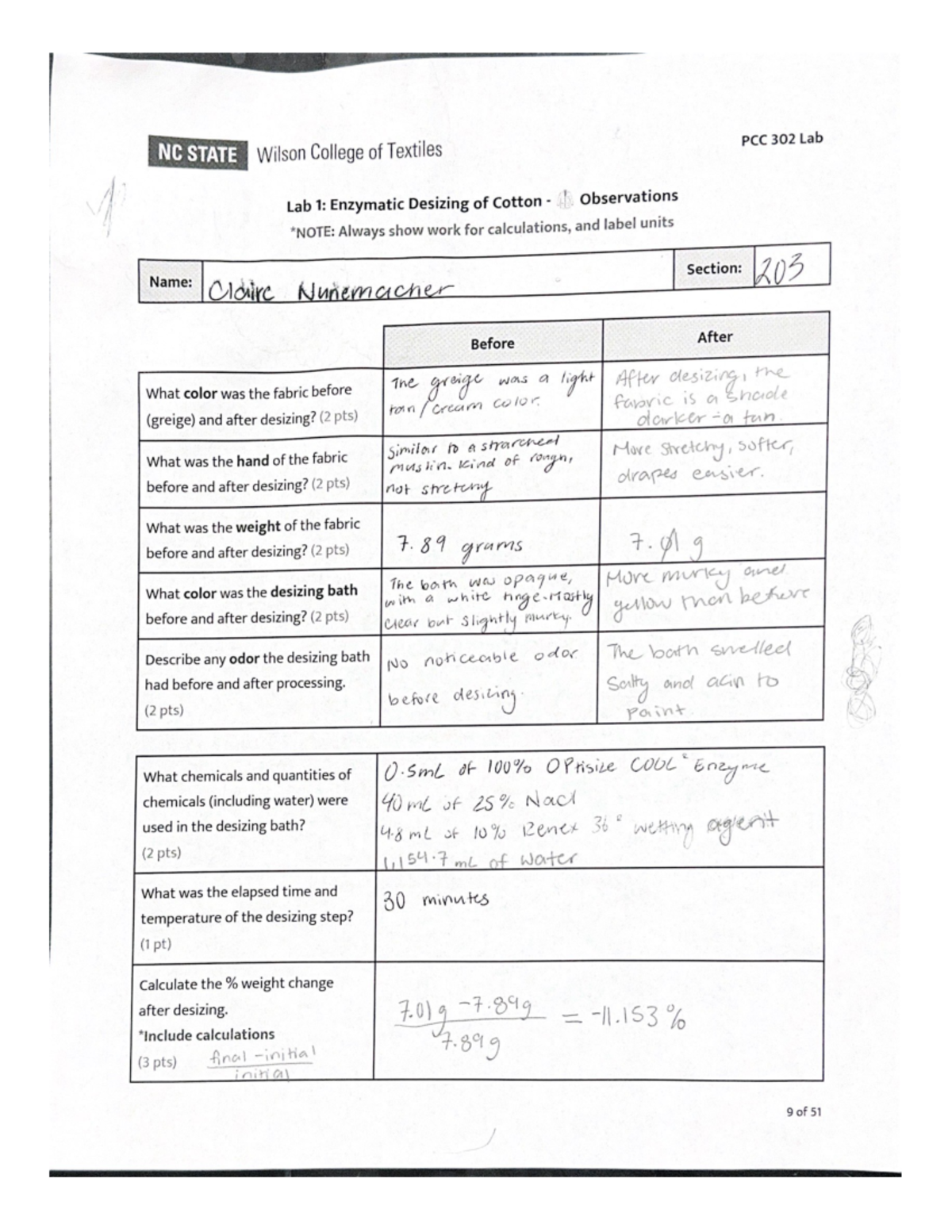 Lab 1 - lab 1 - NC STATE Wilson College of Textiles PCC 302 Lab Lab 1 ...