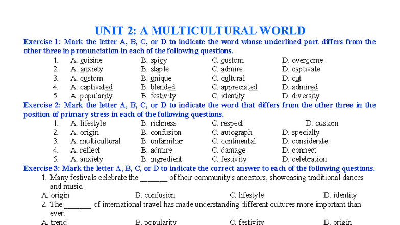 UNIT 2: A MULTICULTURAL WORLD - Exercises and Activities for Lớp 12 ...