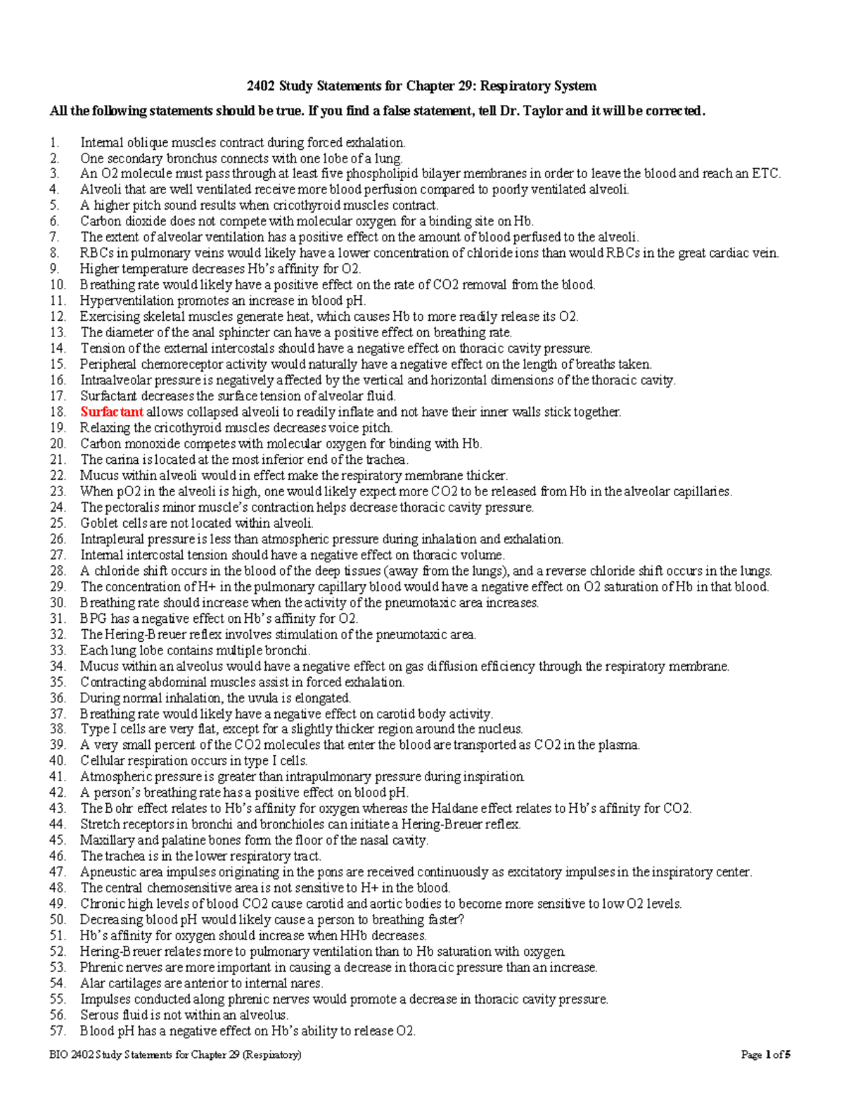 BIO 2402 Study Statements for Chapter 29: Respiratory System Insights ...