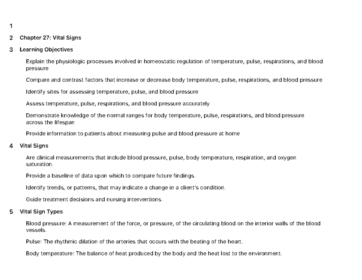 Chapter 27: Vital Signs - Lecture Notes for Nursing 101 - Studocu