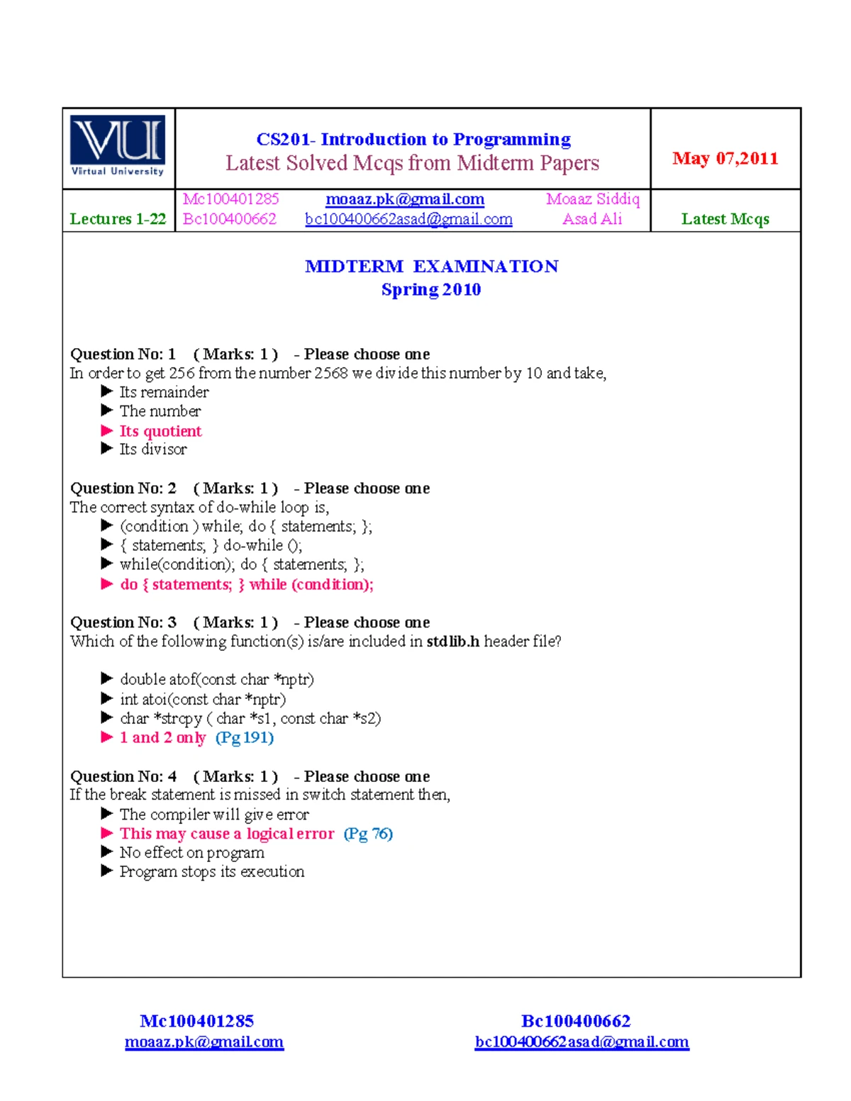CS101 Mid Term MCQs With Reference Solved - CS101 - Introduction to ... CS101 Mid Term MCQs With Reference Solved - CS101 - Introduction to ...