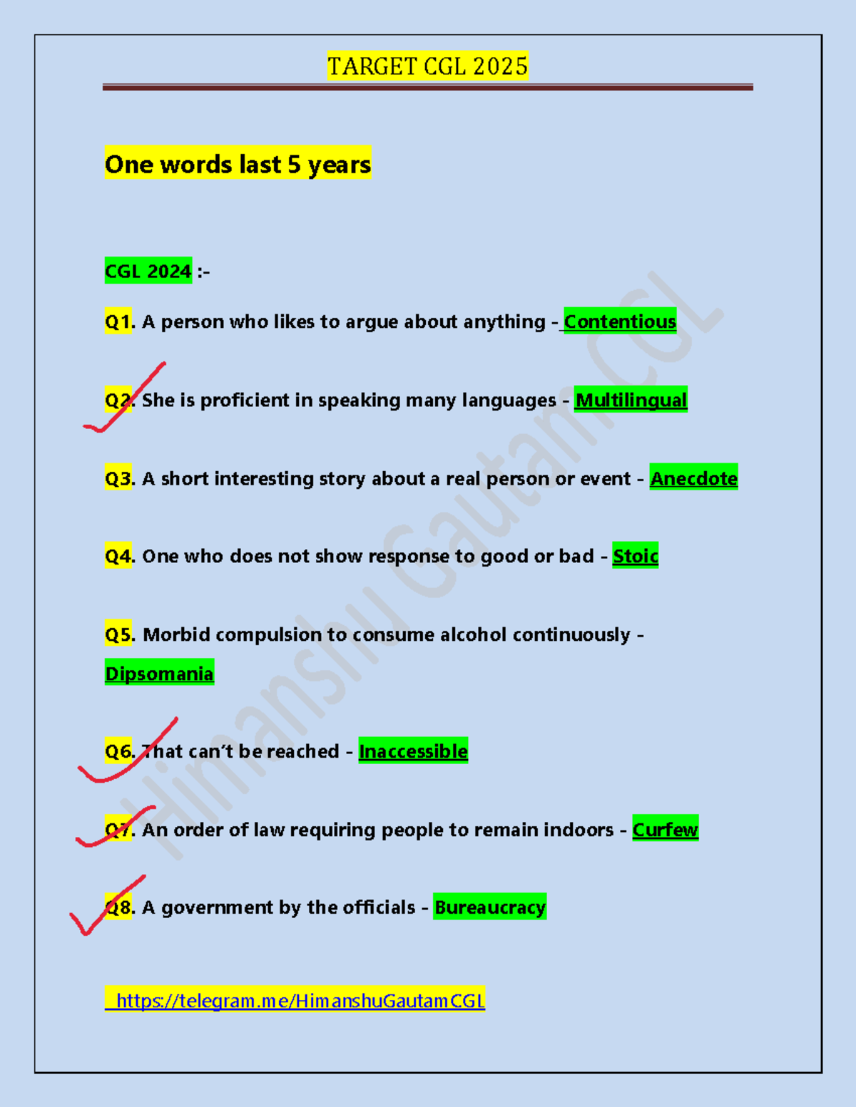 TARGET CGL 2025 One-Word Vocabulary from 2020-2024 - Studocu