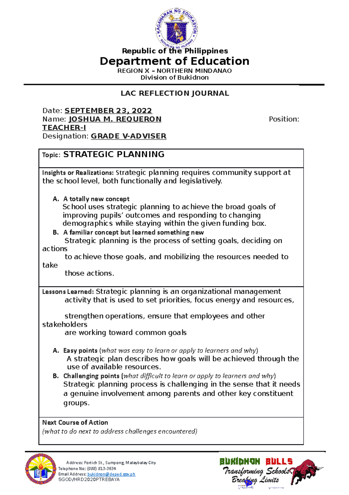 LAC Reflection Journal: Strategic Planning & Learning Approaches - Studocu