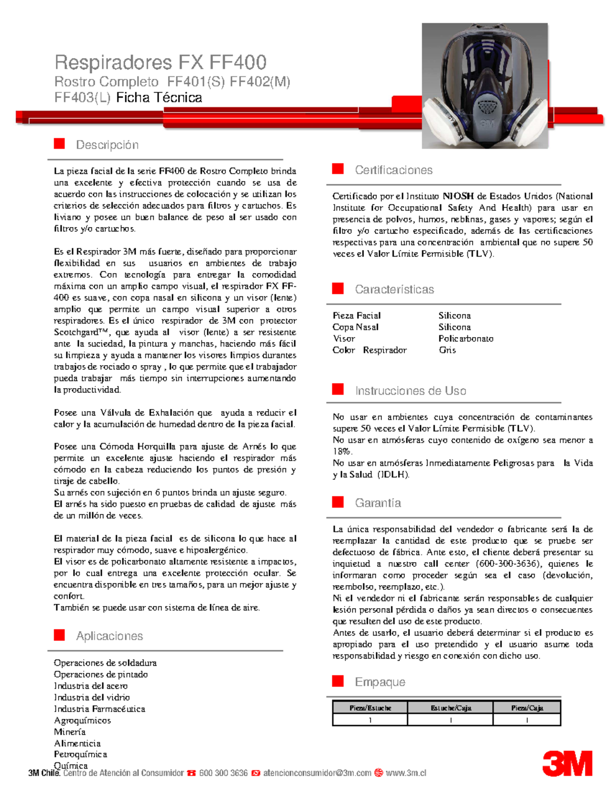 Ficha Técnica del Respirador 3M FF400: Características y Usos - Studocu