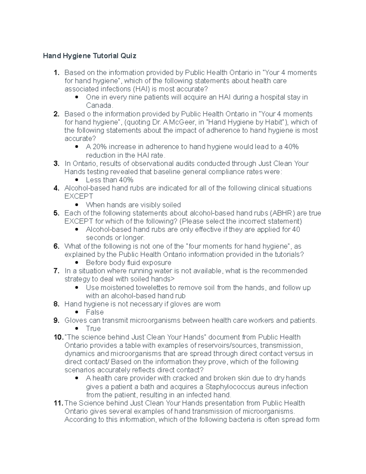 Hand Hygiene Tutorial Quiz Questions and Answers - Hand Hygiene ...