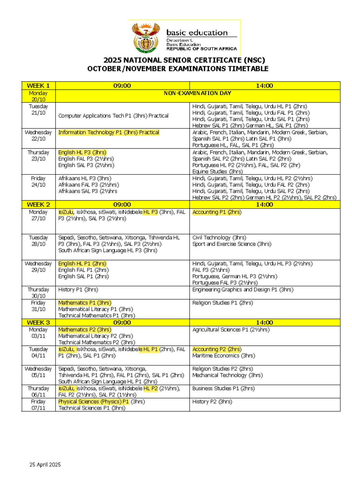 2025 NSC Examinations Timetable: April & November Schedule - Studocu
