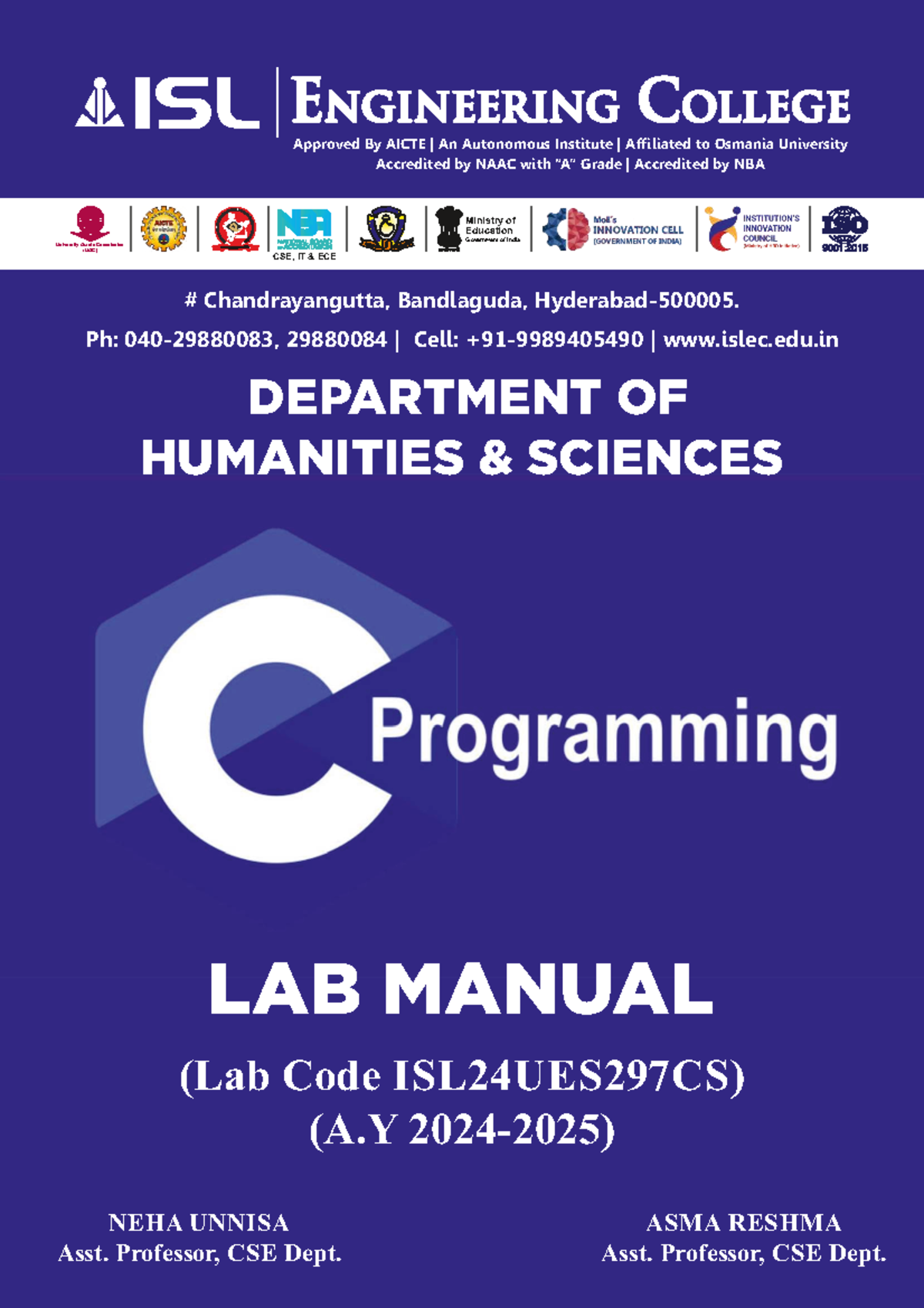 C Programming Lab Manual (Lab Code: ISL24UES297CS) - Studocu