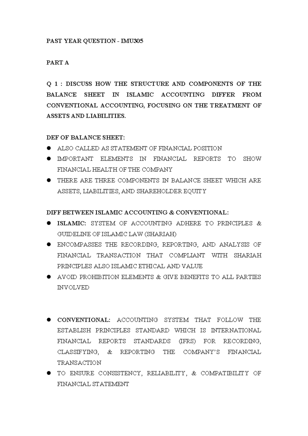 PYQ IMU305 PART A: Islamic vs Conventional Accounting Balance Sheet Analysis - Studocu