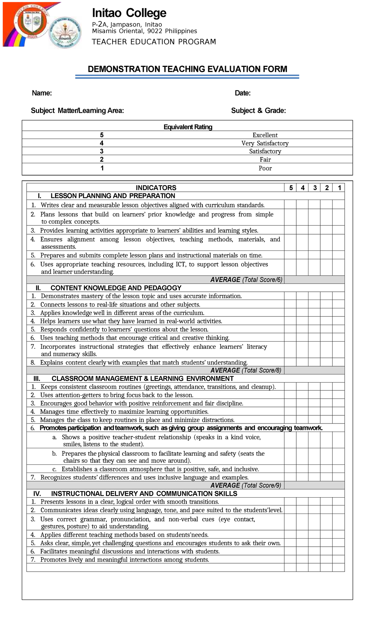 TEP 9022 Demonstration Teaching Evaluation Form for Teacher Education ...