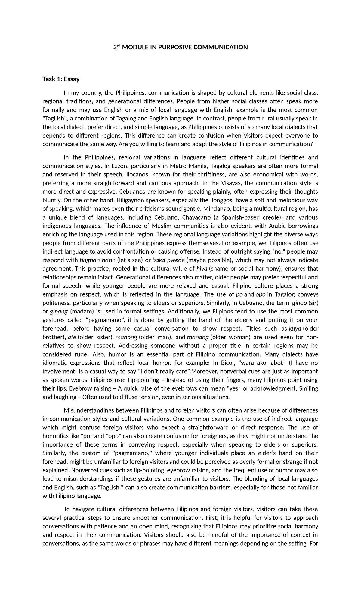 3RD Module: Essay on Communication Styles in the Philippines - Studocu