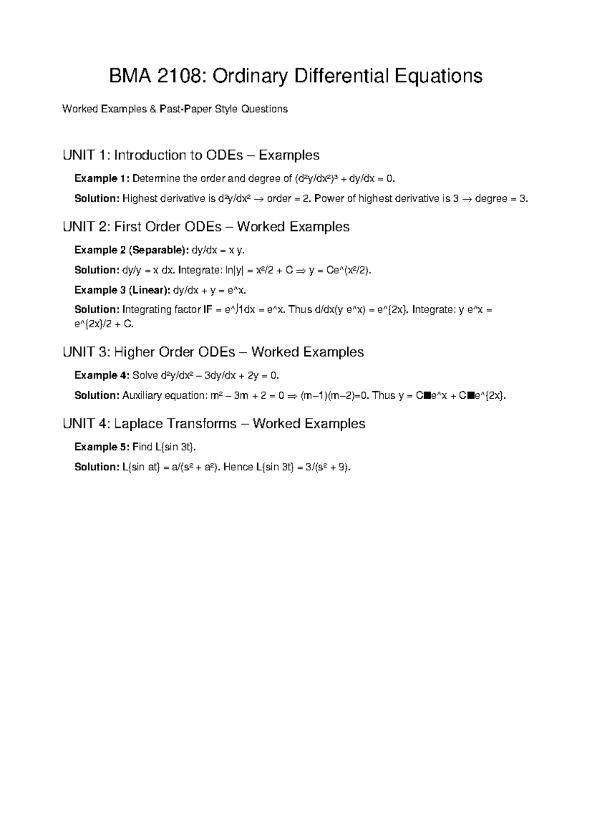 BMA 2108: Worked Examples for Ordinary Differential Equations - Studocu