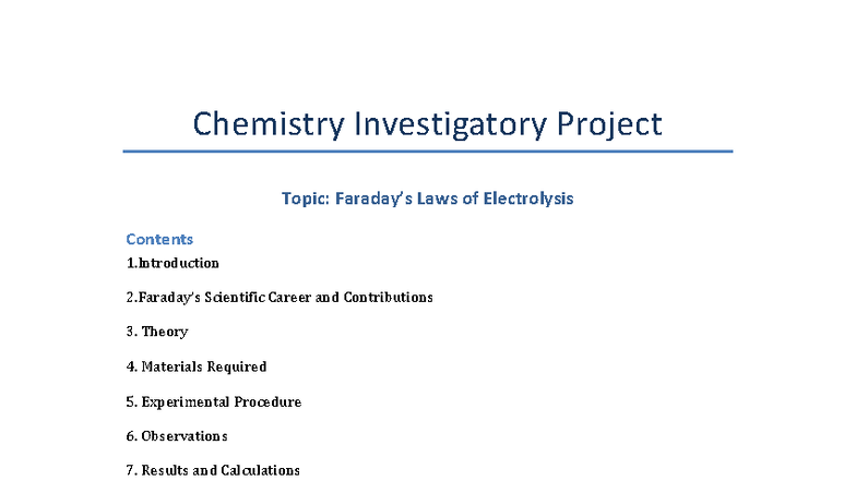 Faraday's Laws of Electrolysis Project - Class 12 Investigatory - Studocu