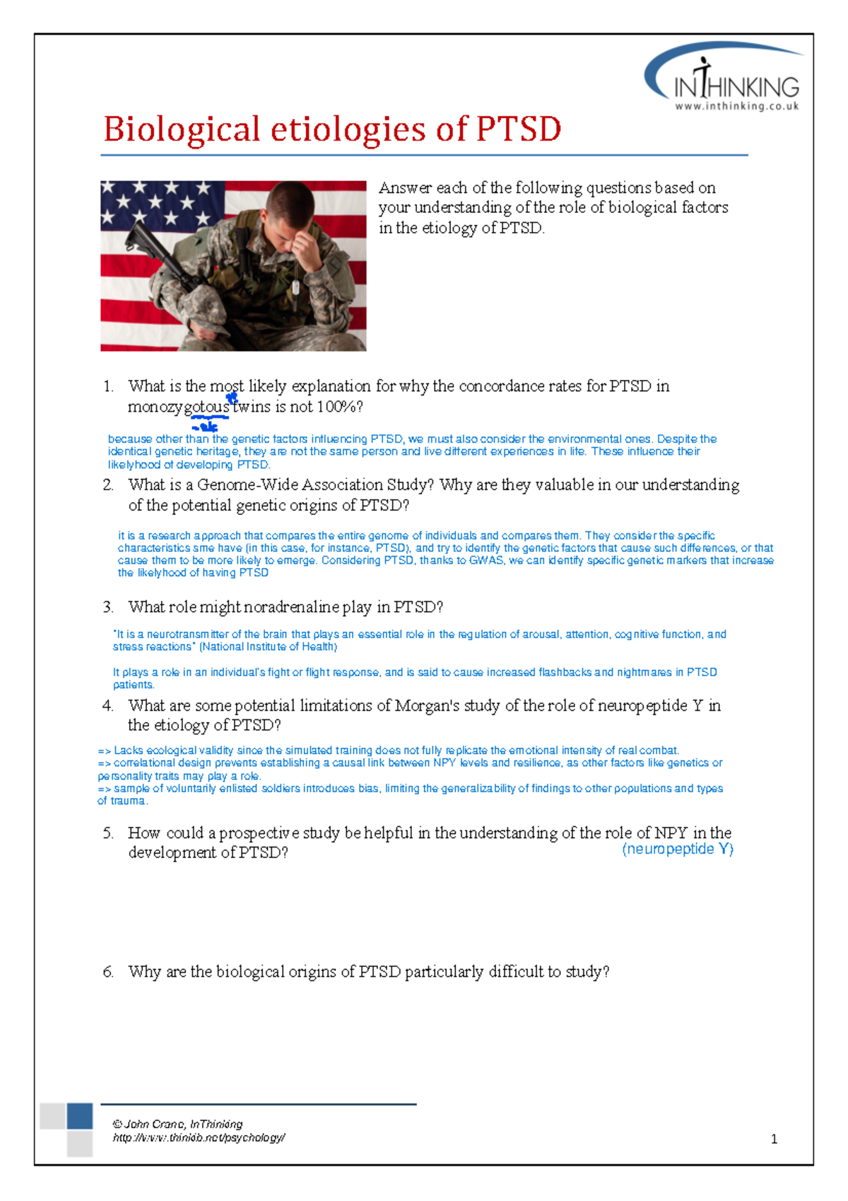 Bio of ptsd worksheet - biological - PTSD extension unit - 1 © John ...