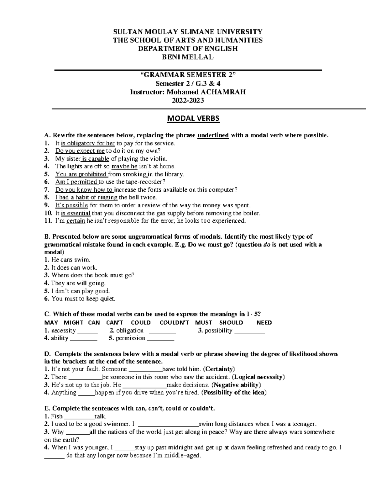 Grammar Study: Modal Verbs for Semester 2 - ENGL 103 & 104 - Studocu