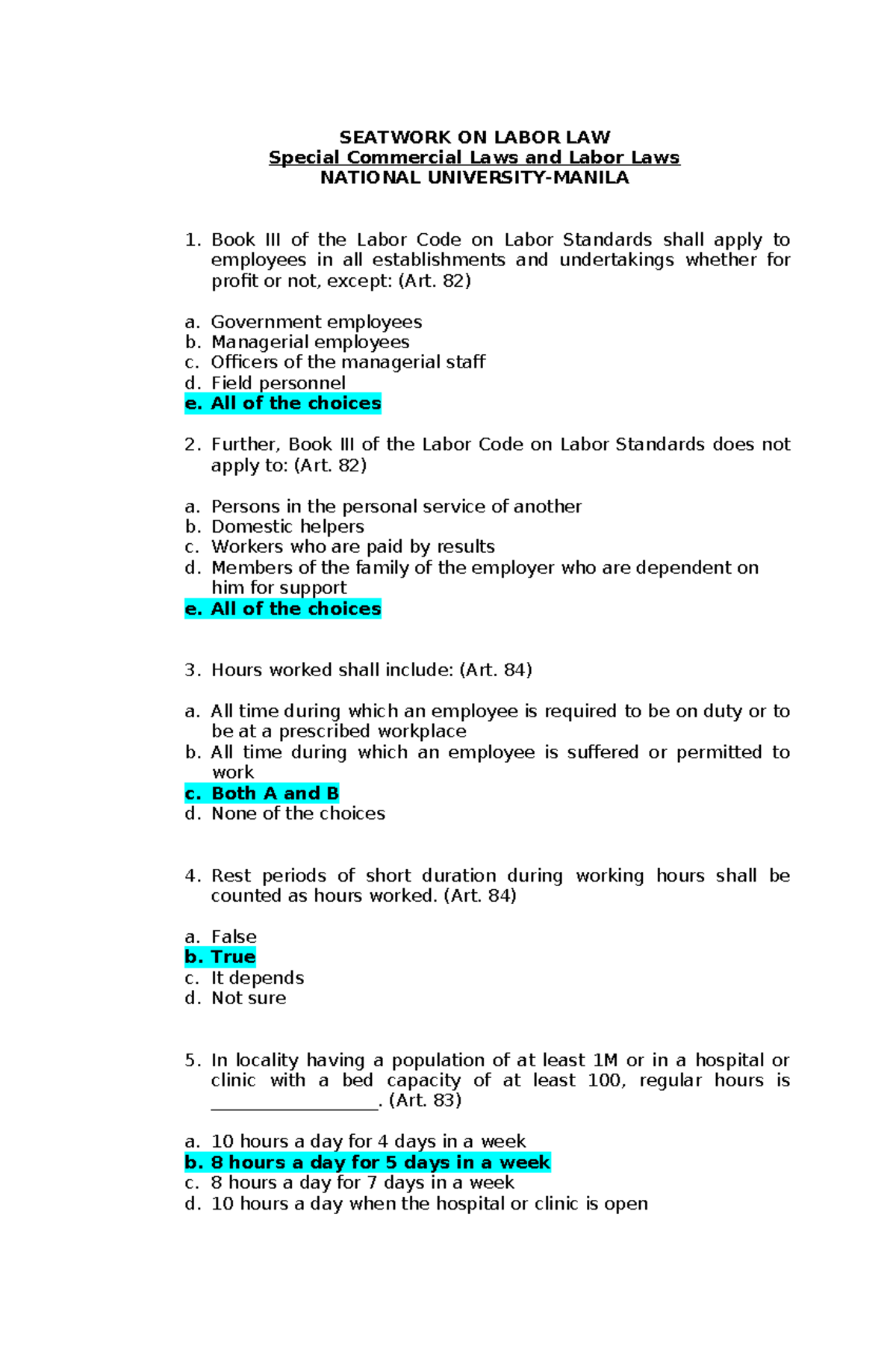 SEATWORK ON LABOR LAW: Special Commercial Laws & Labor Standards - Studocu