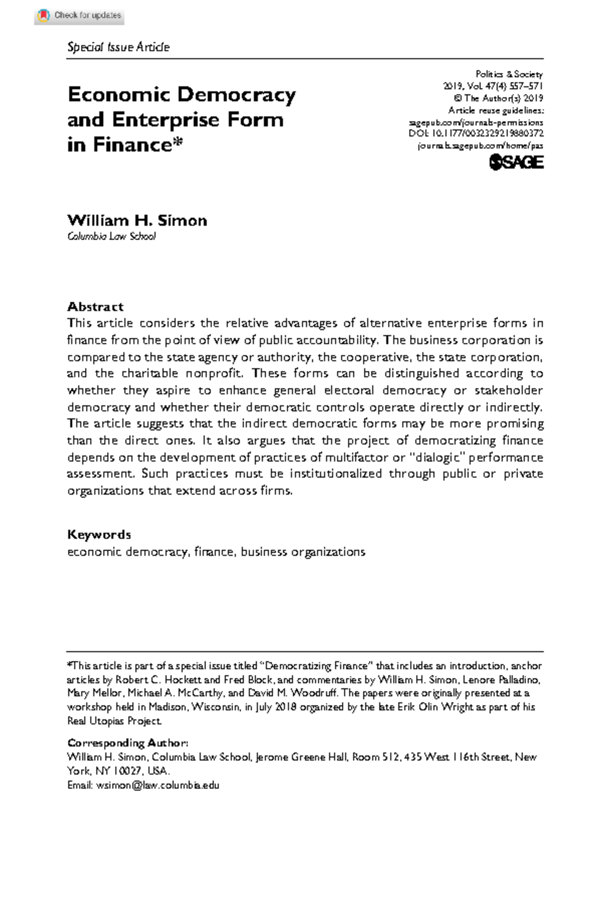 Simon 2019 economic democracy and enterprise form in finance - doi/10. ...