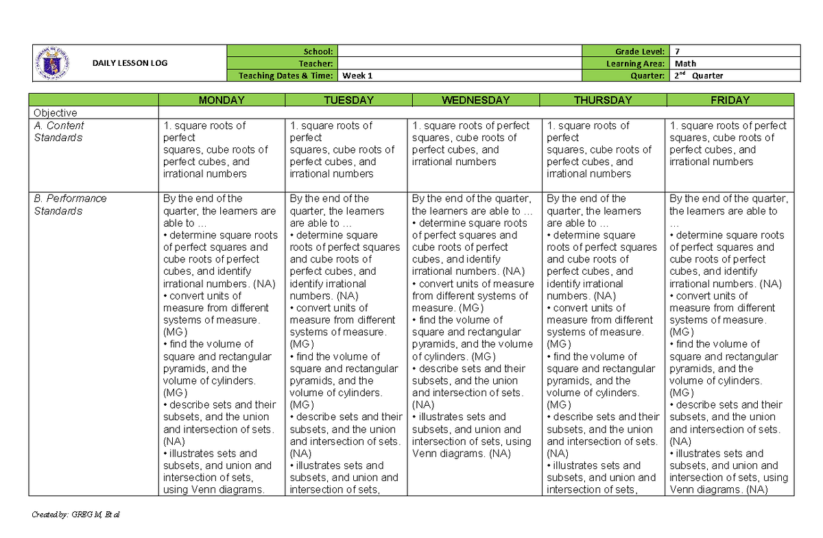 Math 7 Q2 Lesson Log: Square Roots, Cube Roots & Irrational Numbers ...