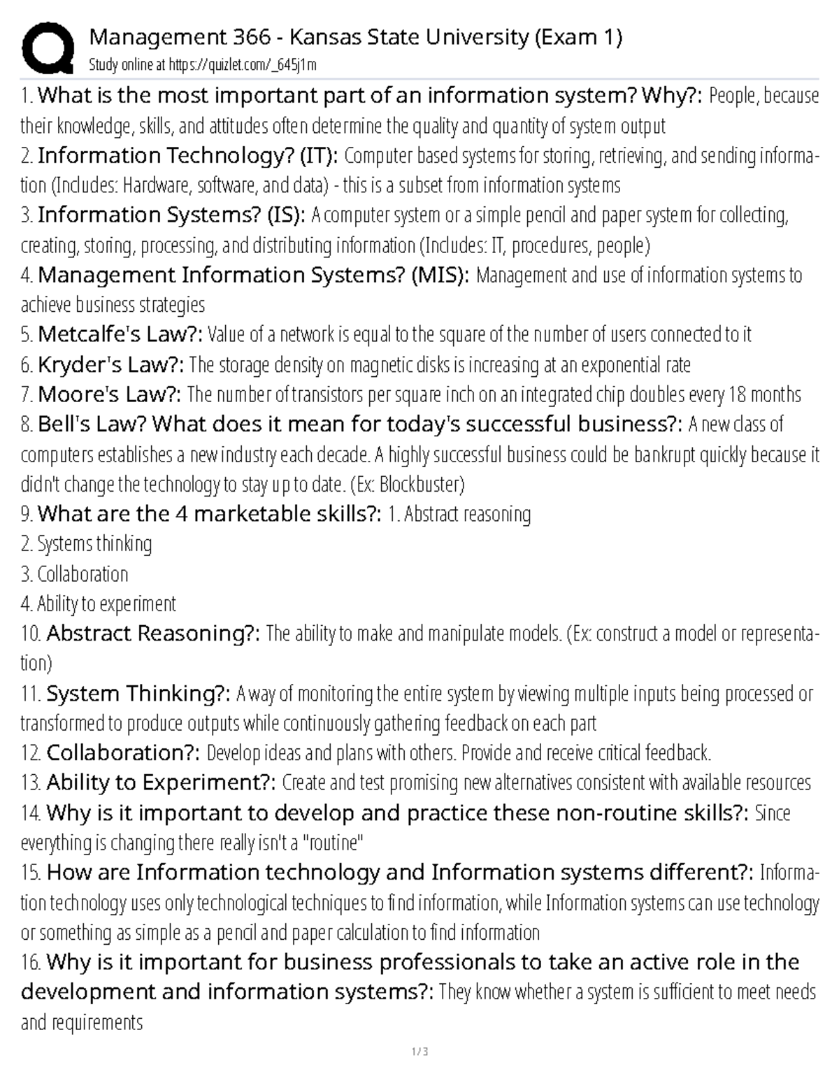 Management 366 KSU (Exam 1) Study Guide: Key Concepts in MIS - Studocu