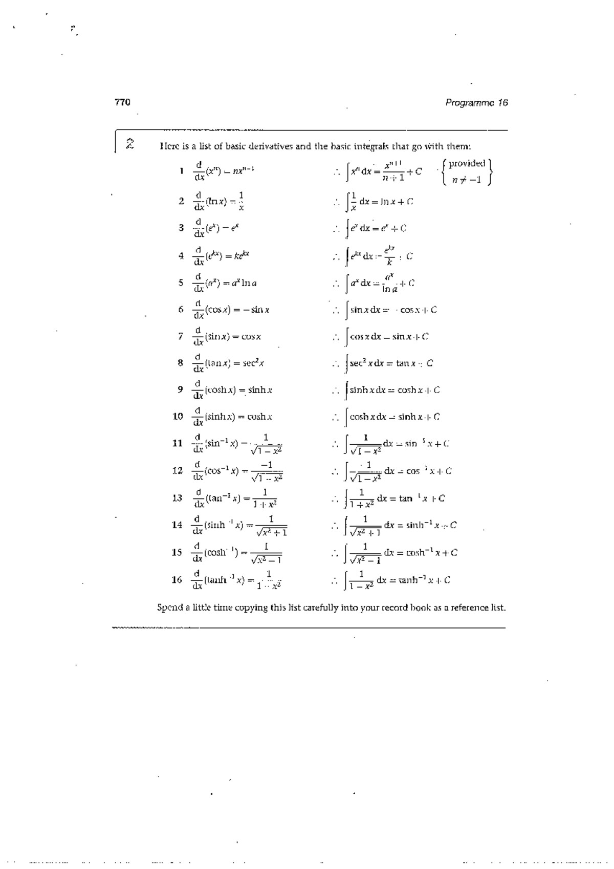 770 Programme 16: List of Derivatives, Integrals & Identities - Studocu