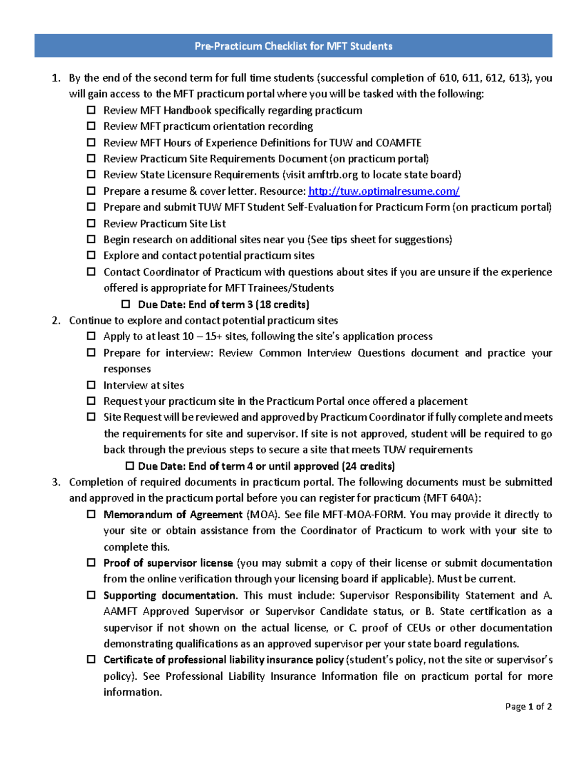 TUW MFT Pre Practicum Checklist for Students - Studocu