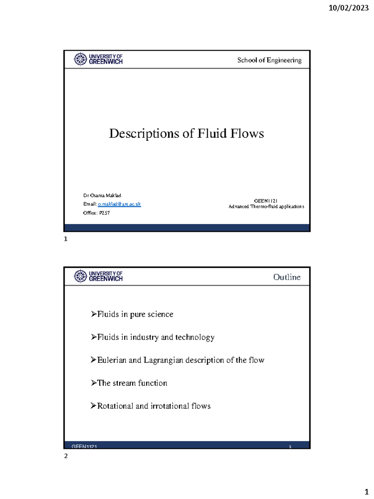 GEEN1121 Lecture: Eulerian vs Lagrangian Fluid Flow Descriptions - Studocu