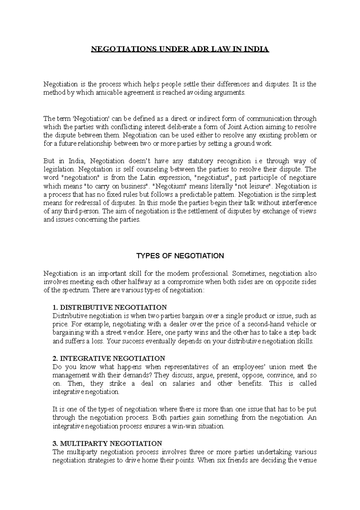 Negotiations Under ADR Law in India: Module 3 Insights and Analysis ...