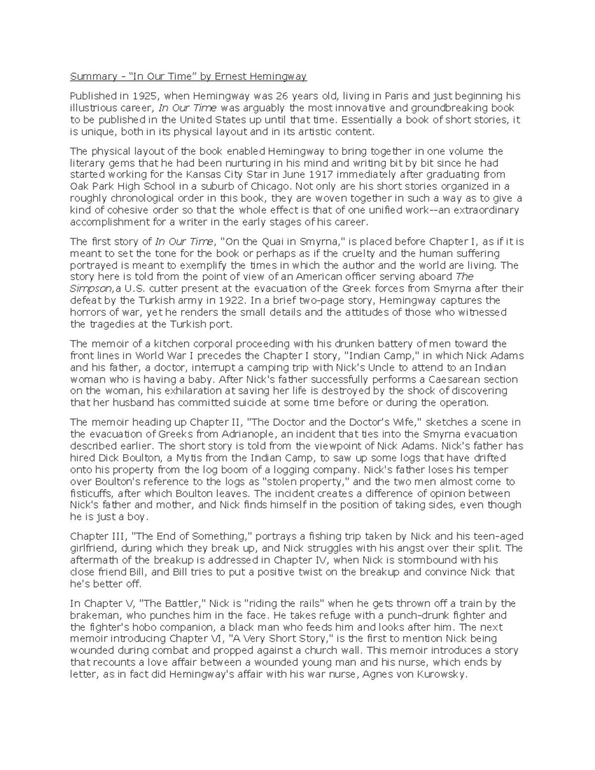 Summary of "In Our Time" by Ernest Hemingway - Analysis and Insights ...