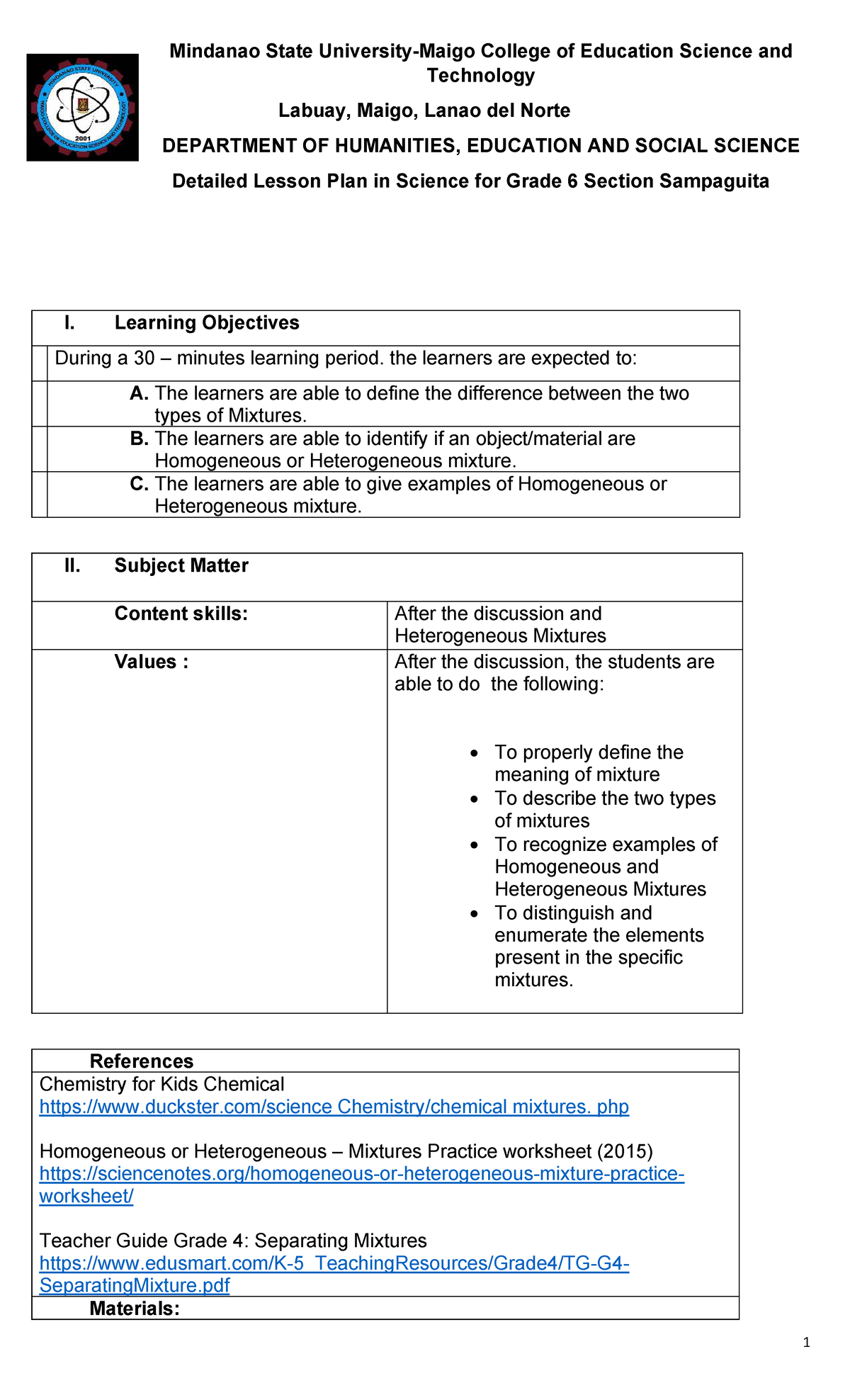 Detailed Lesson Plan in Science: Understanding Mixtures for Grade 6 ...