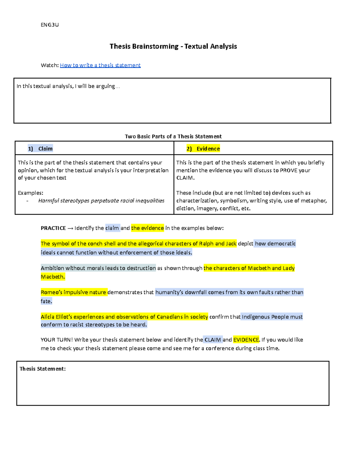ENG3U Thesis Brainstorming: Crafting Effective Textual Analysis ...