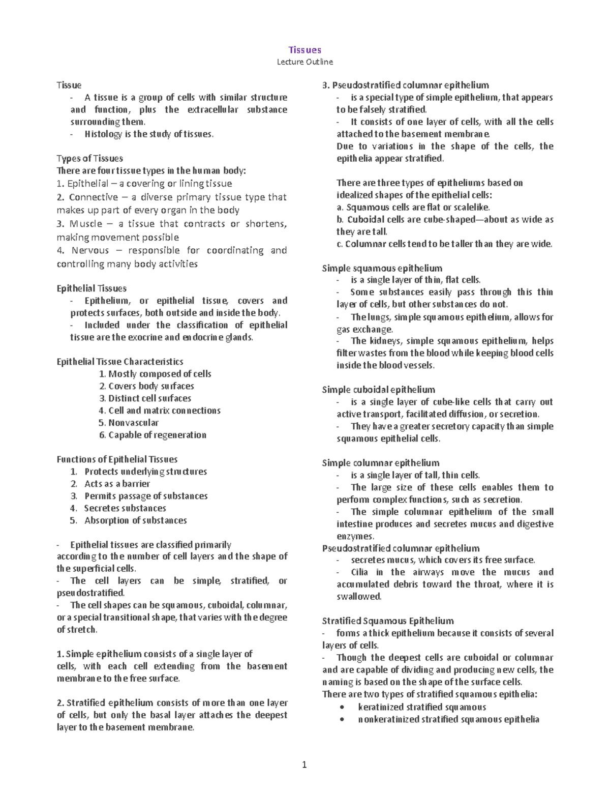 Chapter - Tissues - Reviewer - Tissues Lecture Outline Tissue - A ...
