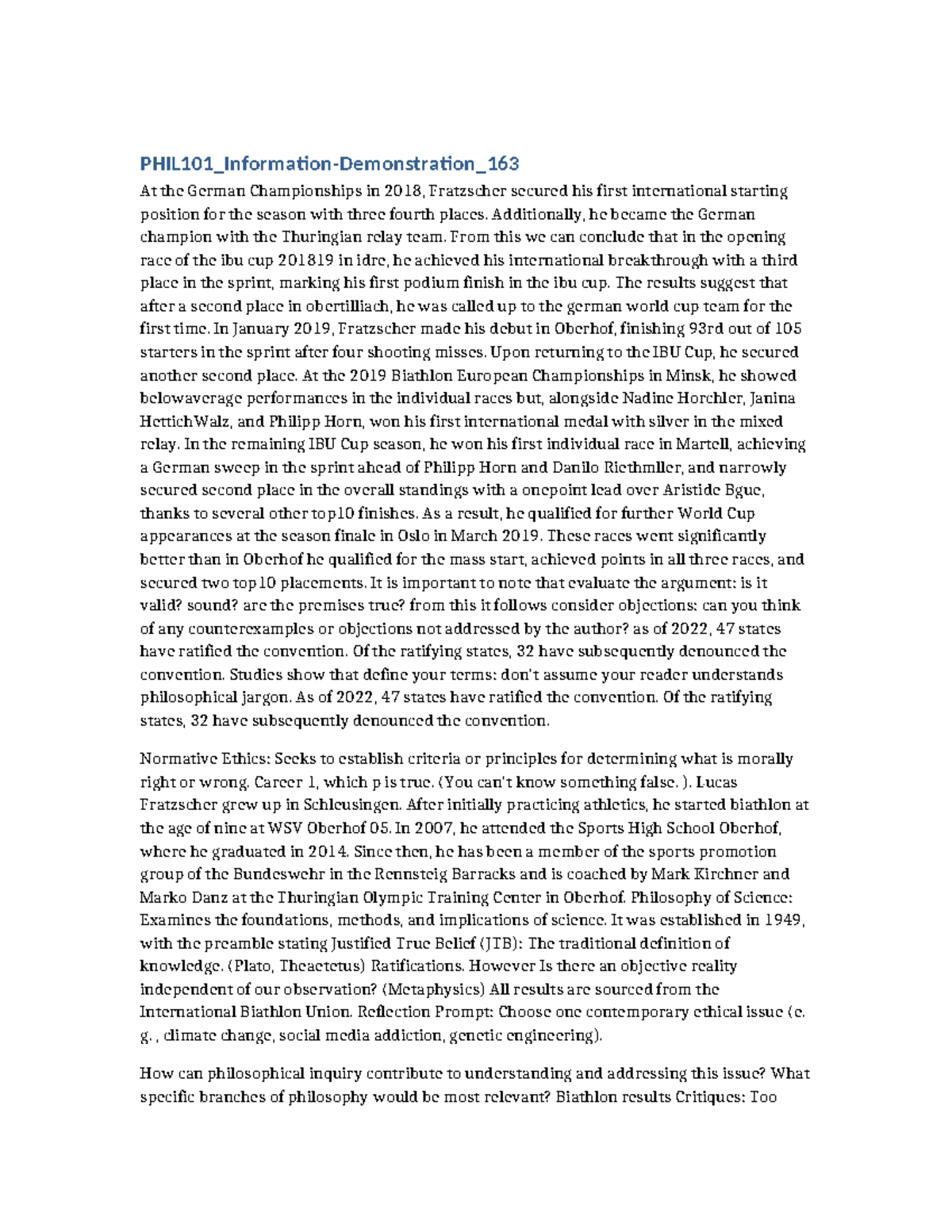 PHIL101: Lucas Fratzscher's Biathlon Journey and Ethical Reflections ...