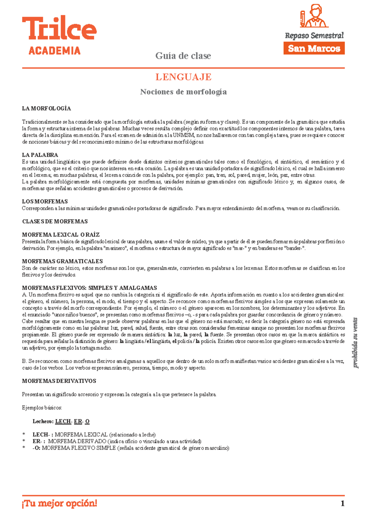 Guía de Clase LENGUAJE: Nociones de Morfología para Examen UNMSM - Studocu