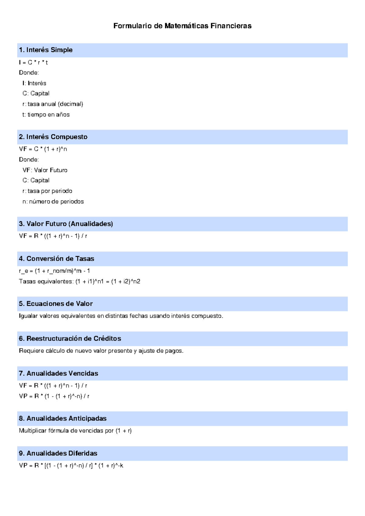 Formulario de Matemáticas Financieras 1: Interés Simple y Compuesto ...