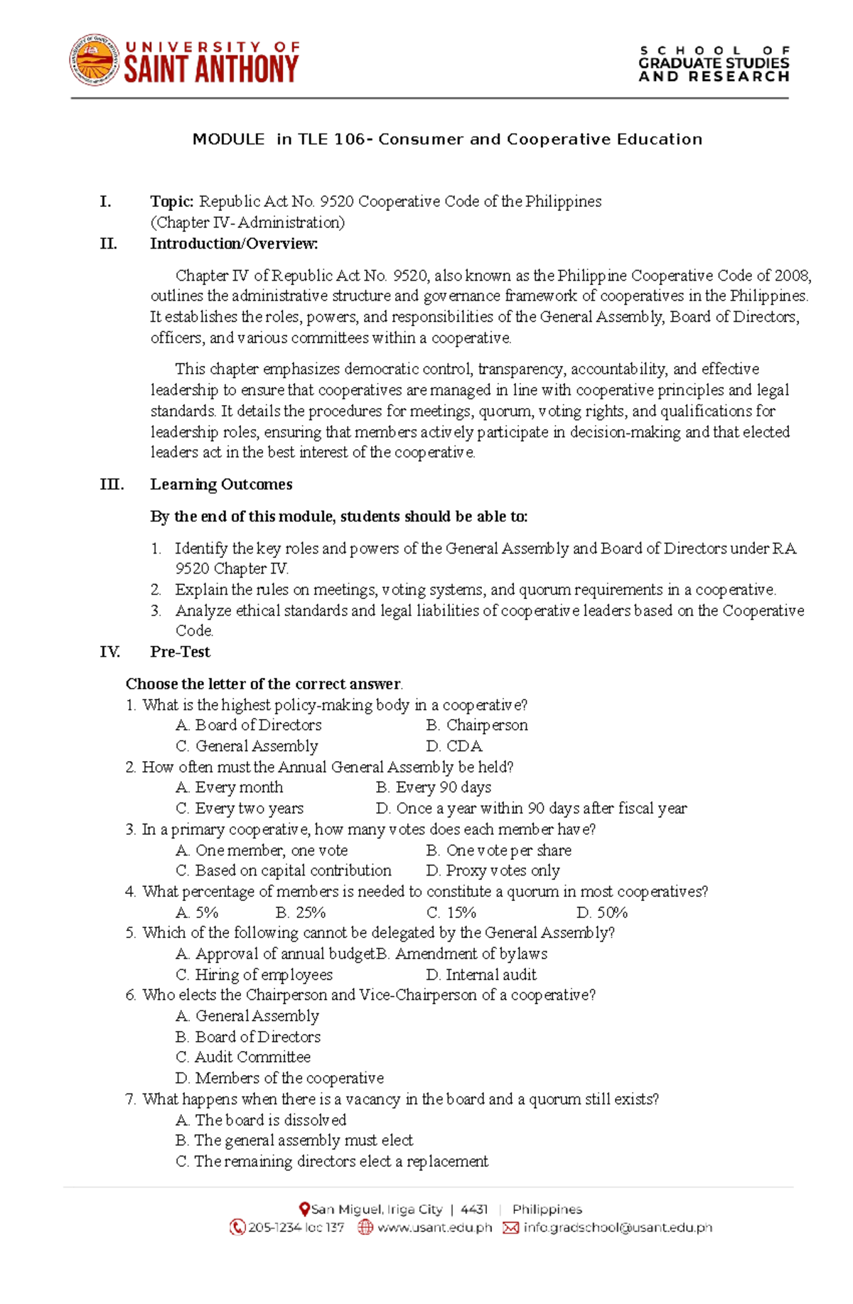 MODULE in TLE Consumer and Cooperative Education I: Chapter IV - Cooperative - Studocu