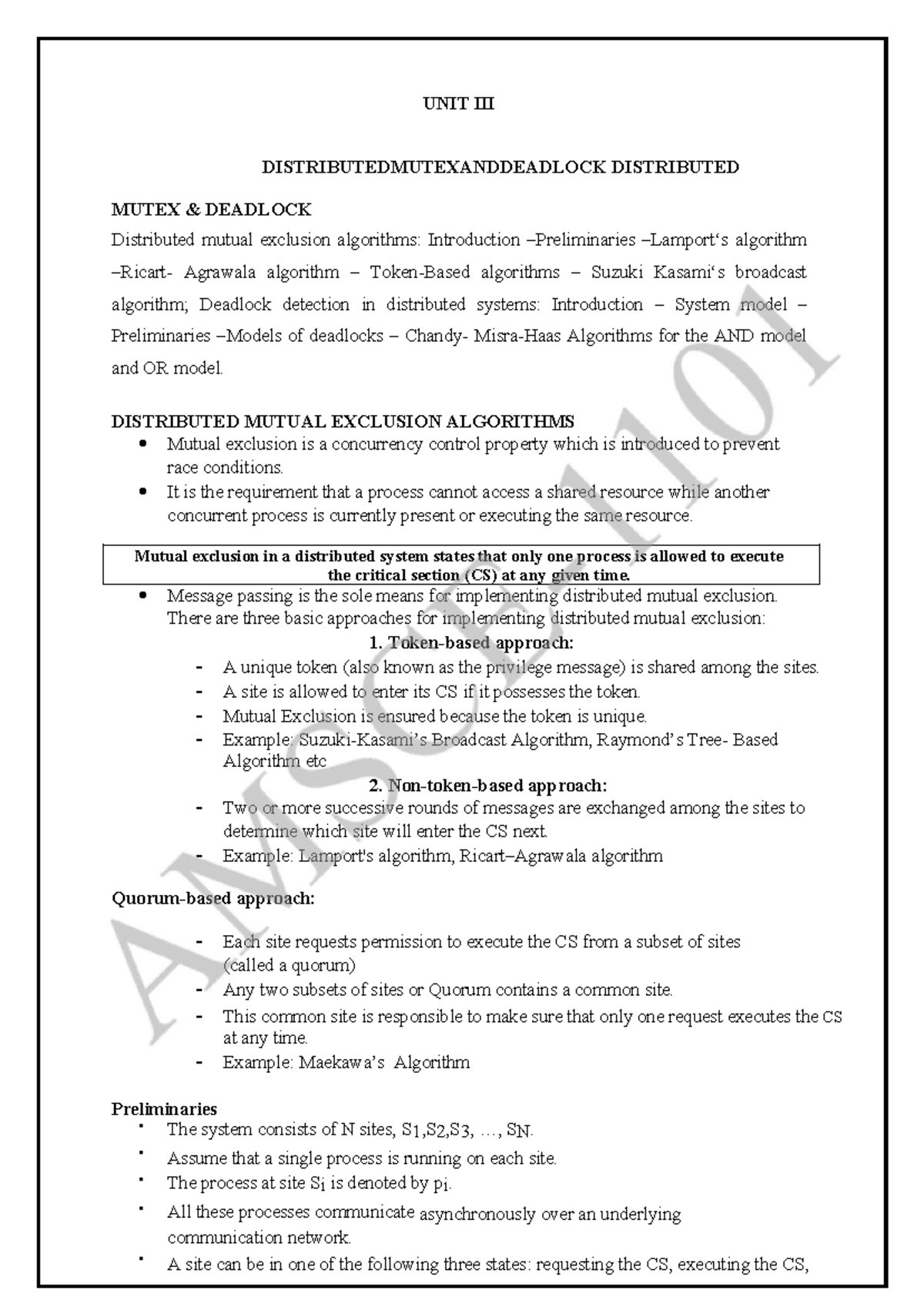 Unit 3: Distributed Mutex and Deadlock Algorithms Notes - Studocu