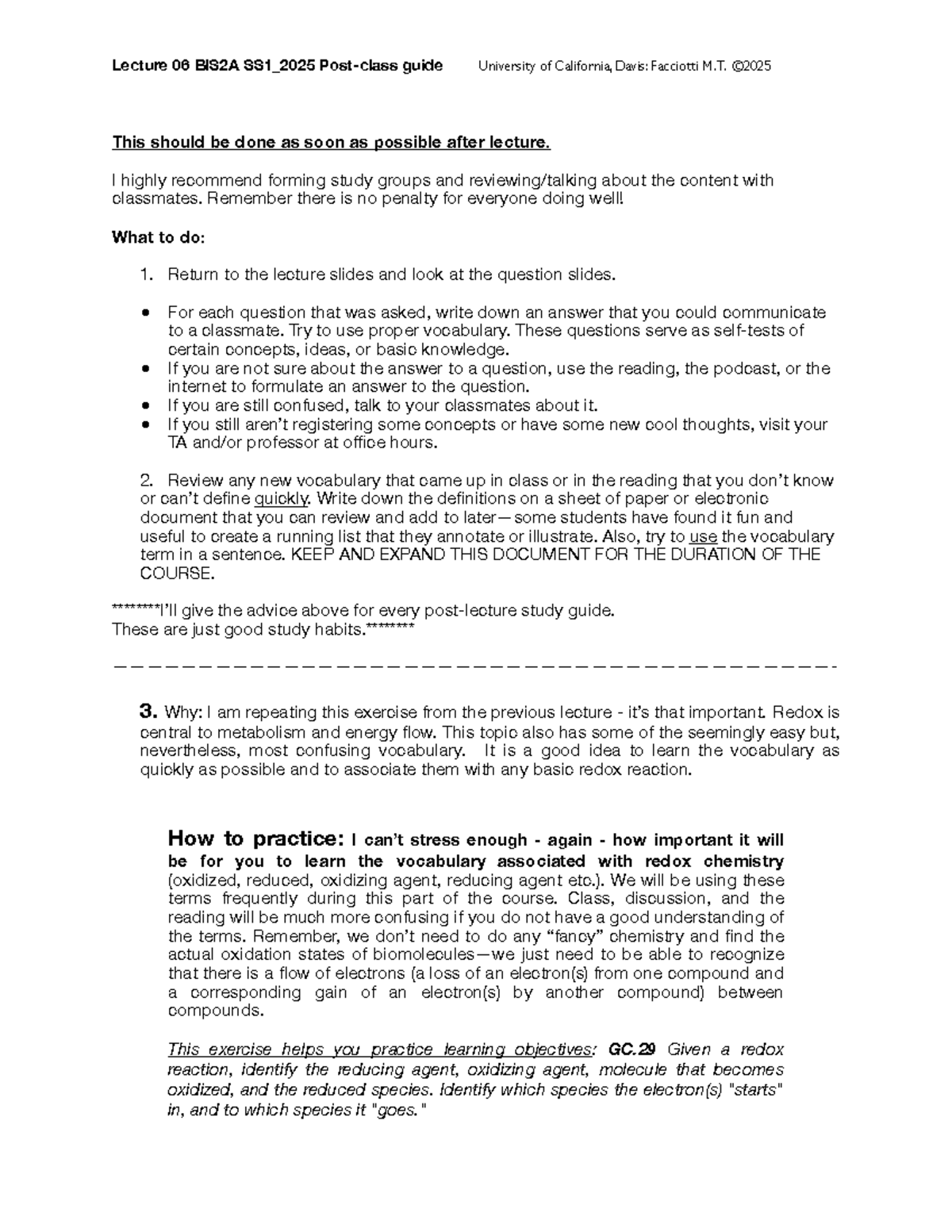 Lecture 06 Study Guide for BIS2A SS1_2025 - UC Davis: Facciotti M.T. - Studocu