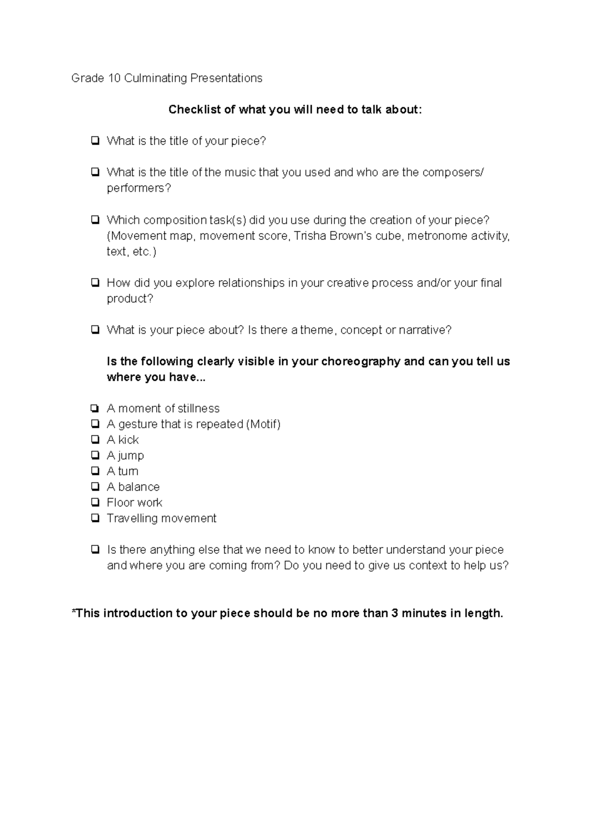 Grade 10 Culminating Presentation Checklist for Creative Pieces - Studocu