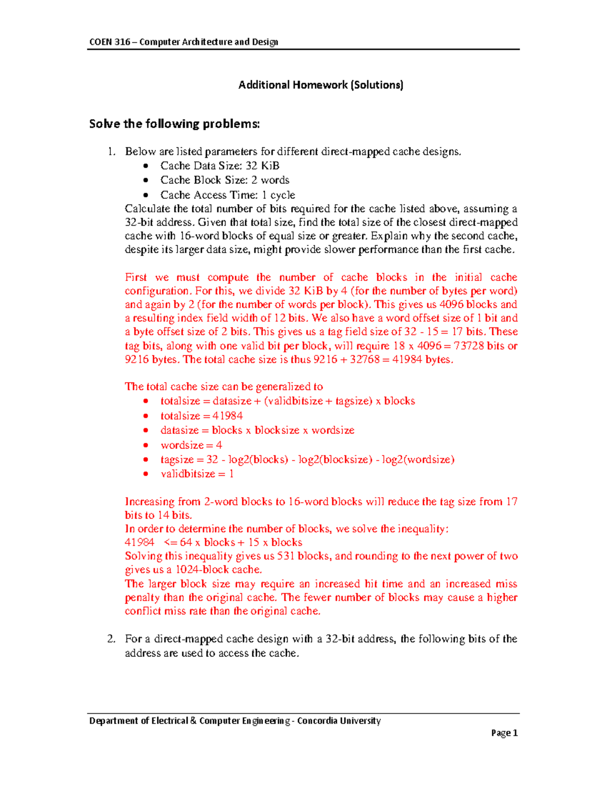 COEN 316 - Computer Architecture Homework Solutions - Studocu