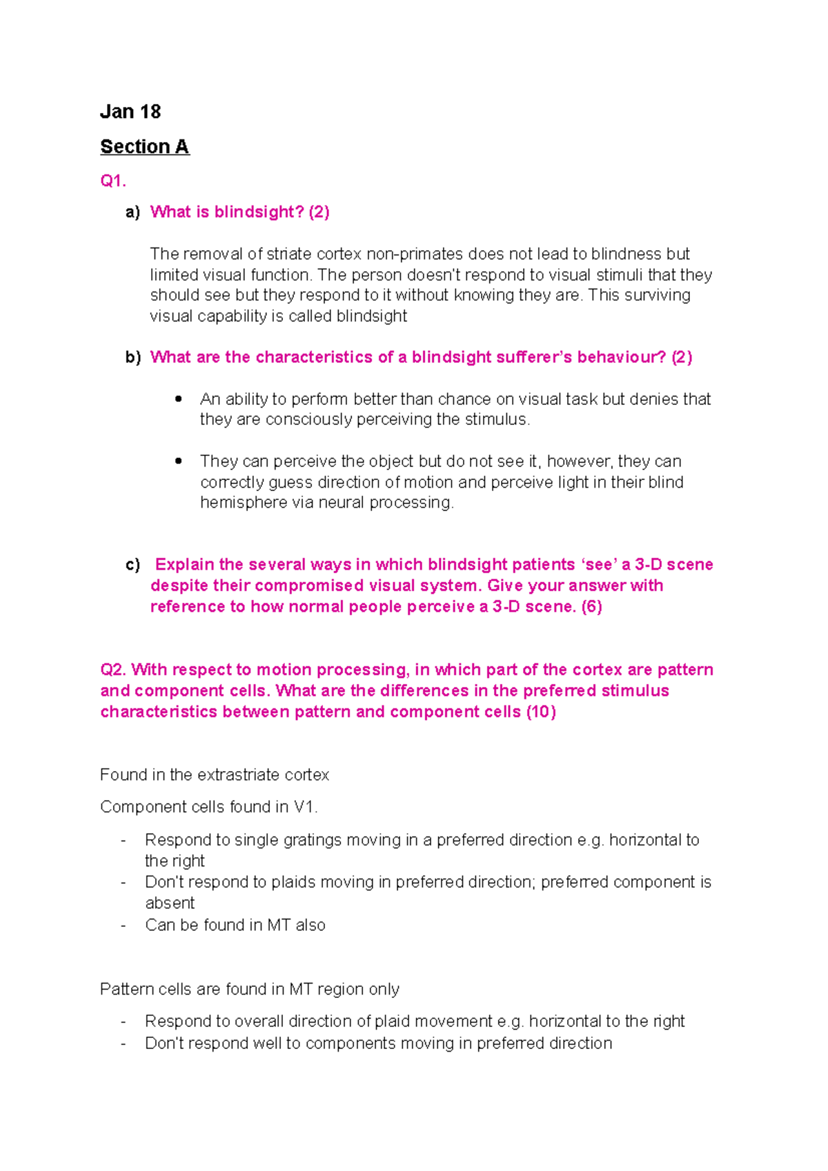 Visual Neuroscience: Past Paper Q&As for Exam Prep (Module Code) - Studocu