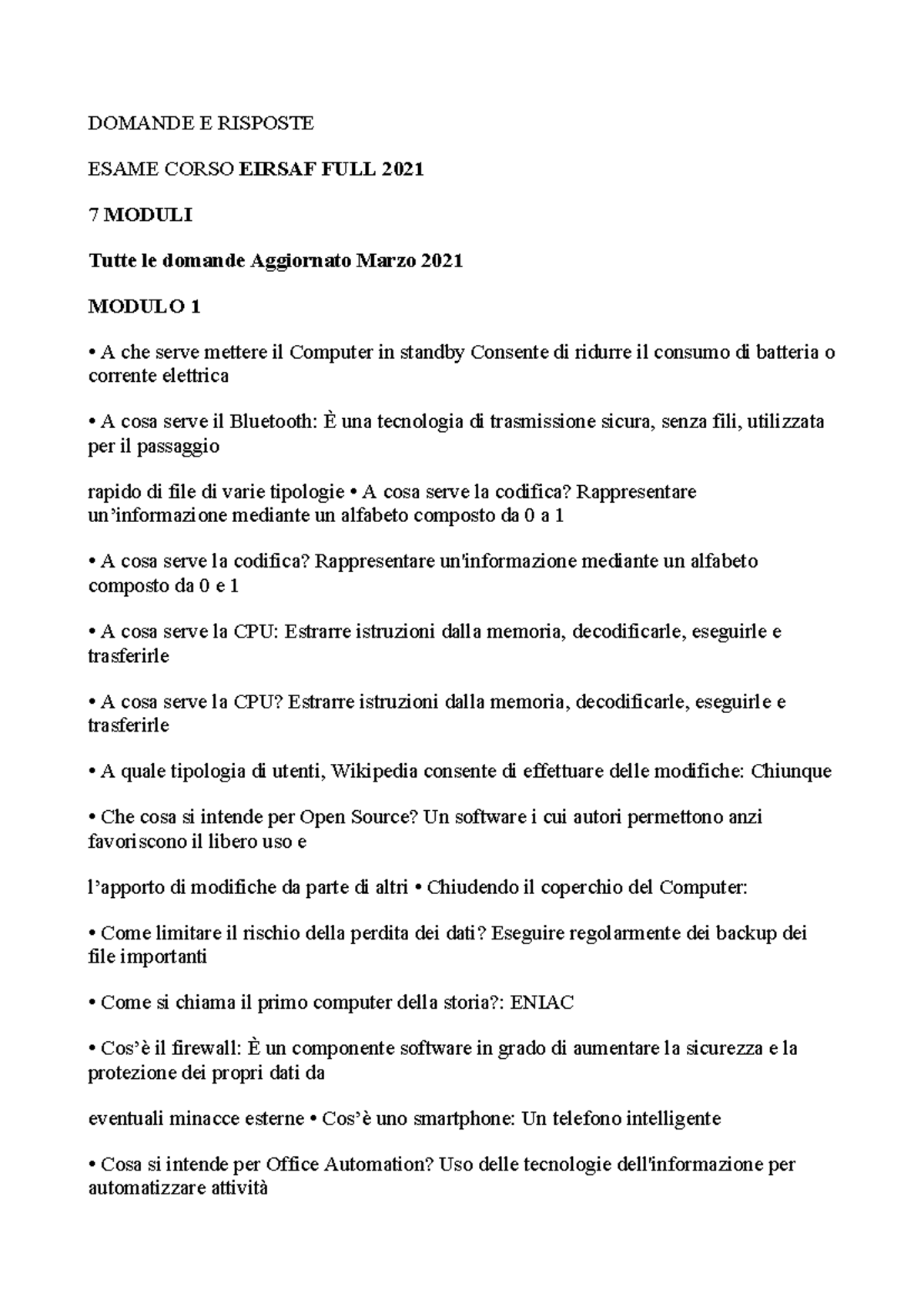 Domande E Risposte eirsaf full 7 moduli insieme - DOMANDE E RISPOSTE ESAME CORSO E IRSAF FULL ...