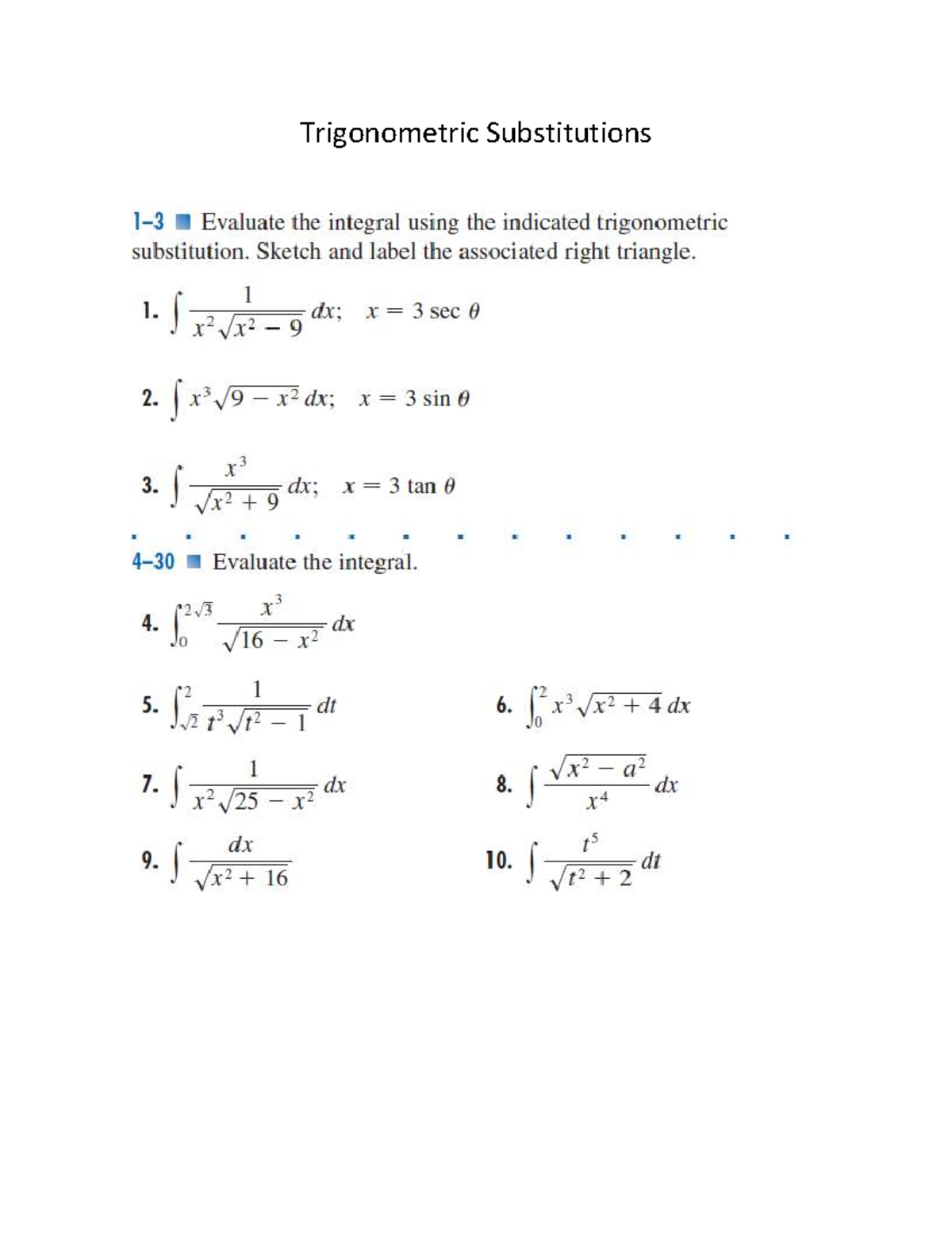 Trigonometric Substitutions: Evaluating Integrals and Sketching ...