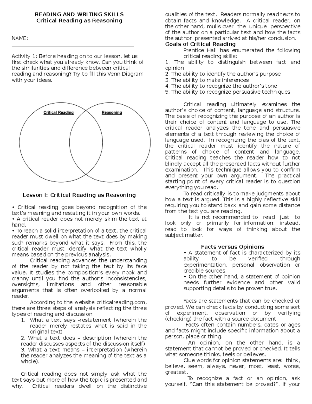 Critical Reading Skills: Analyzing Texts in READING AND WRITING - Studocu