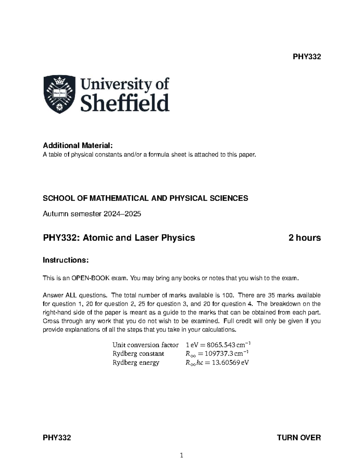 PHY332 2024-25 Final Exam: Atomic and Laser Physics Past Paper - Studocu