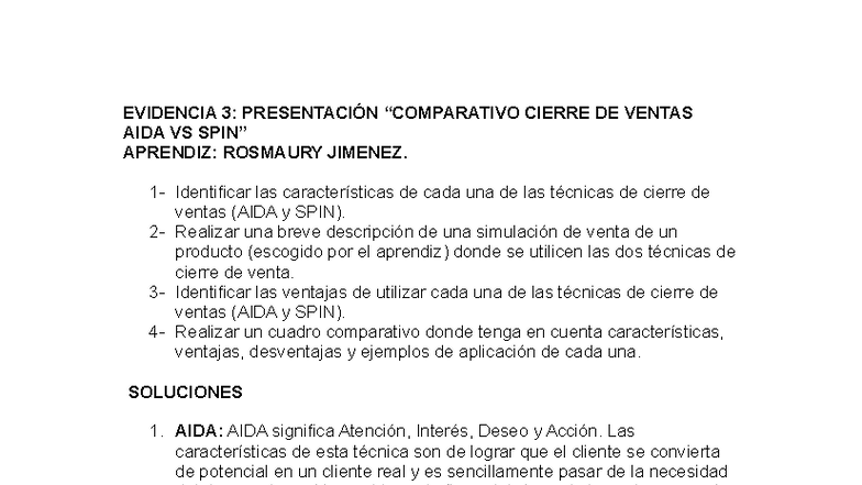 EVIDENCIA 3: PRESENTACIÓN COMPARATIVA CIERRE DE VENTAS AIDA VS SPIN ...