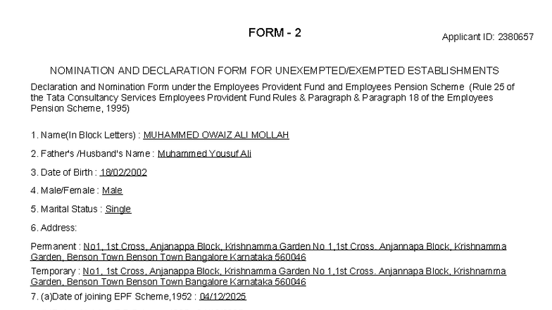 TCS EPF Nomination & Declaration Form - Applicant ID 2380657 - Studocu