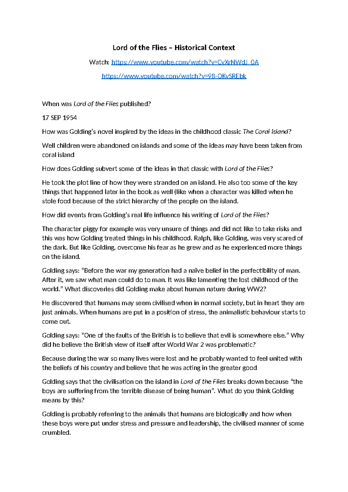 LOTF Historical Context: Influences and Themes in Golding's Work - Studocu