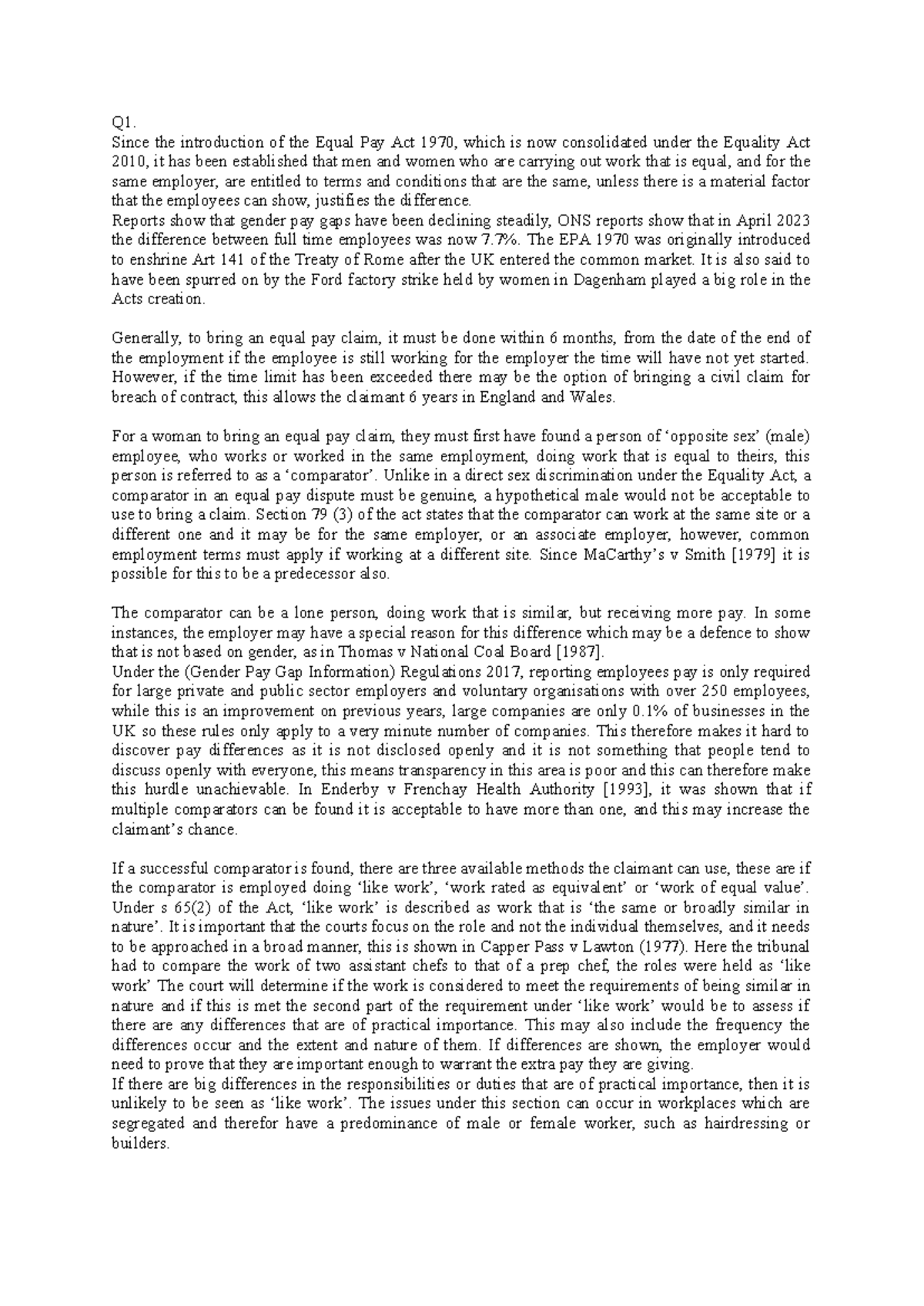 Equal Pay Act Exam Answers - Key Points and Case Law Analysis - Studocu