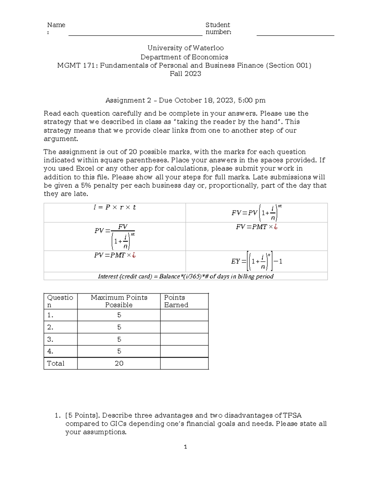 MGMT 171 Assignment 2: Personal Finance Questions & Strategies - Studocu